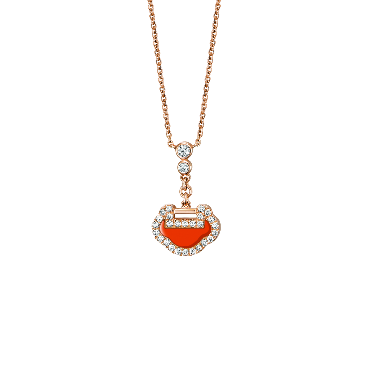 Qeelin Petite Yu Yi necklace in 18K rose gold with diamonds and red ag ...